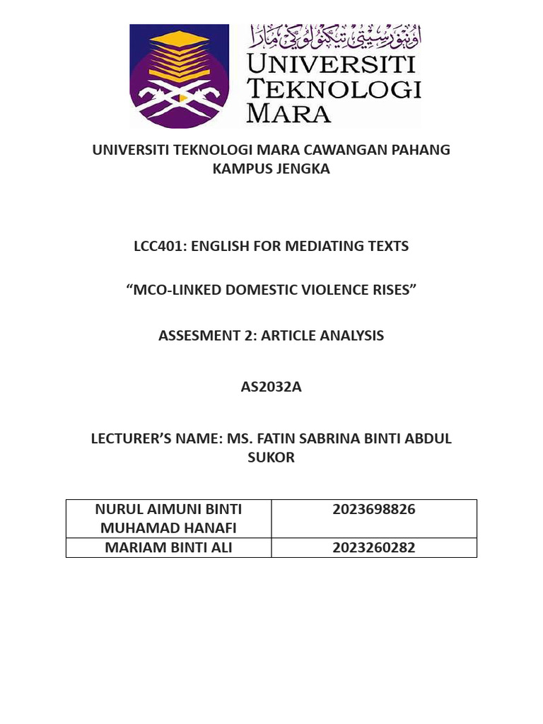 Assesment 2 Article Analysis | PDF | Domestic Violence | Violence