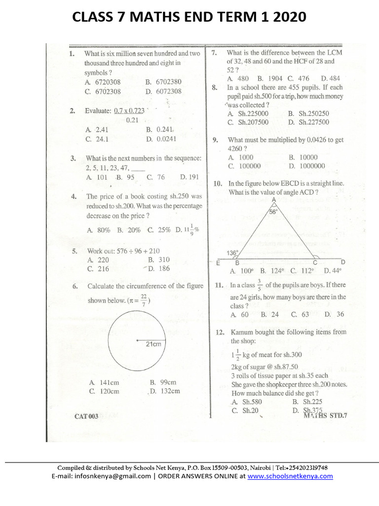 Class 7 Maths Term 1 Exam 2020 | PDF