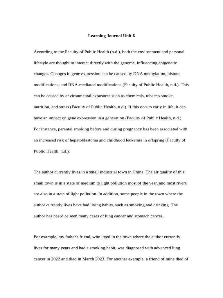 Learning Journal Unit 6 | PDF | Cancer | Epigenetics