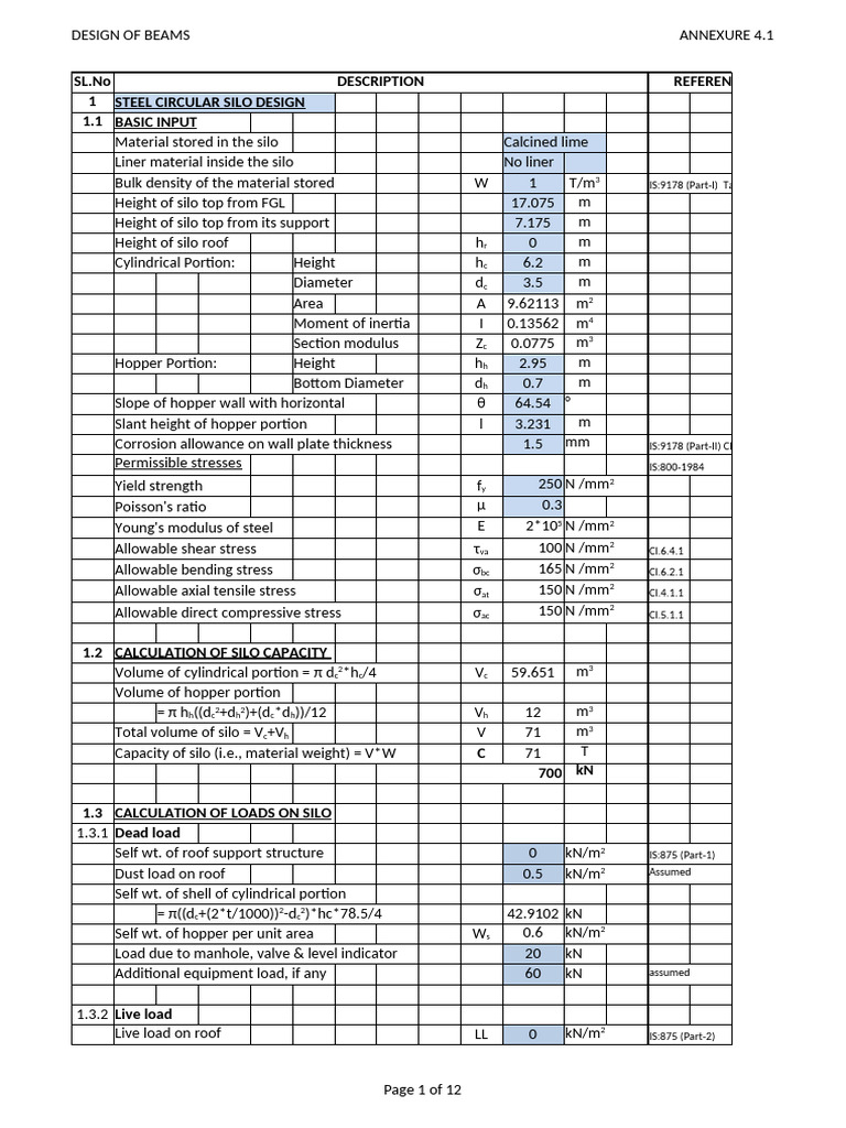 Steel Circular Silo Design Calculations | PDF | Bending | Stress ...