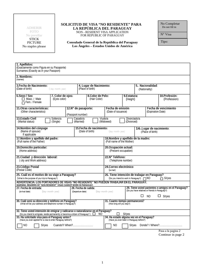 FORMULARIO Visa No Residente - Actualizado Final-L | PDF