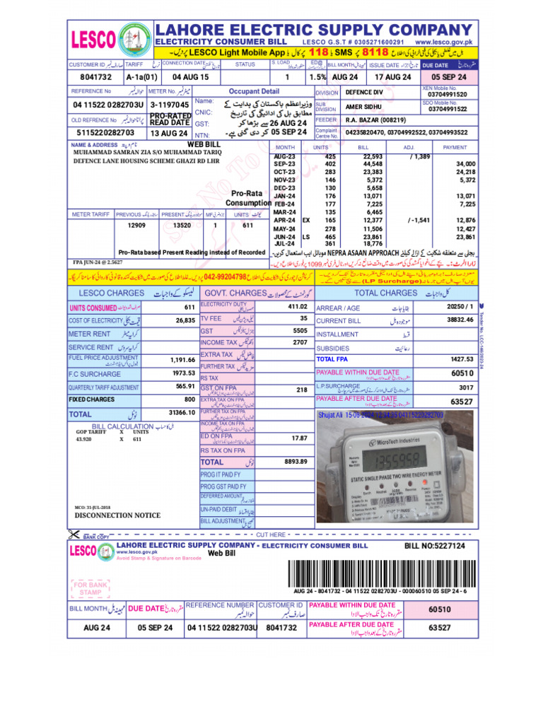 LESCO August 2024 Bill Overview | PDF
