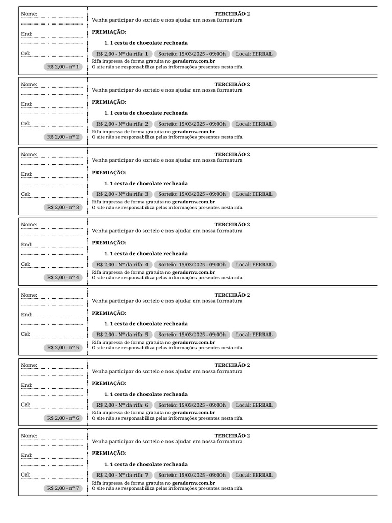 Imprimir Cartelas de Rifas - Gerador NV | PDF