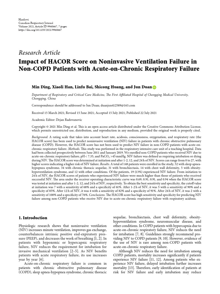 Impact of HACOR Score on Noninvasive Ventilation Failure in | PDF | Clinical Medicine | Physiology