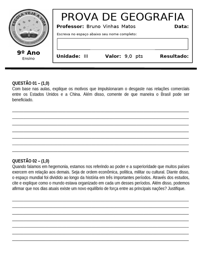 Prova de Geografia Do 9º Ano | PDF | Guerra Fria | Oriente Médio