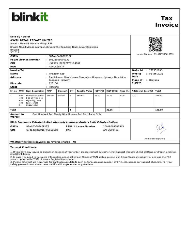 Tax Invoice for Hrishabh Rao - 2025 | PDF | Invoice