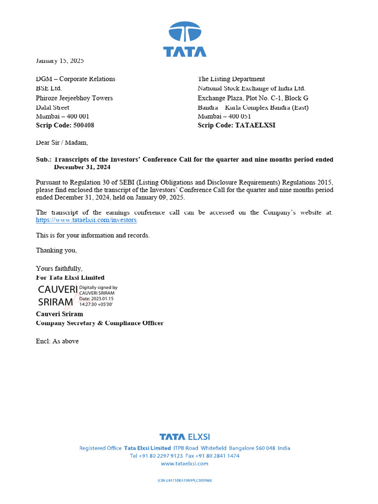 B@Tudqh RQHQ@L: Scrip Code: Scrip Code: TATAELXSI | PDF