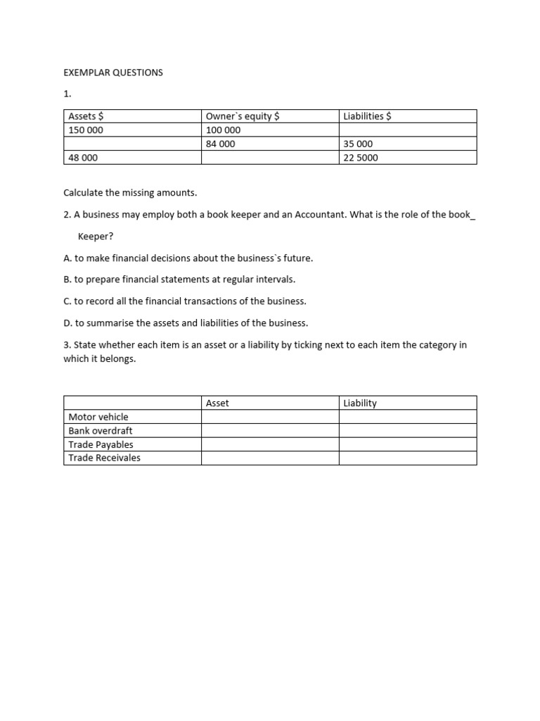 Exemplar Questions Assets and Liabilities | PDF