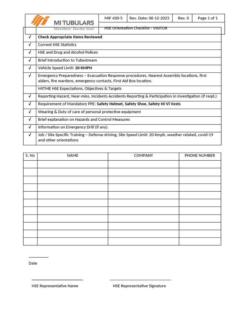 HSE Orientation Checklist for Visitors | PDF
