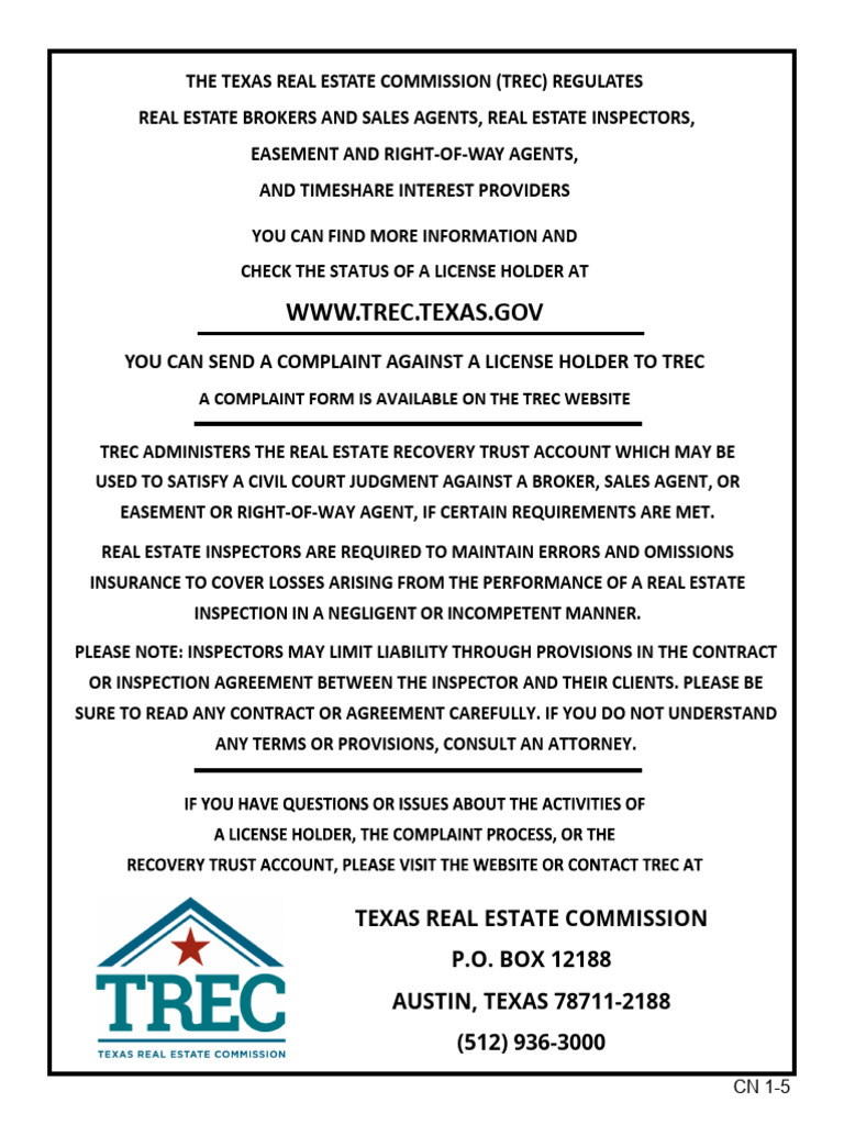Texas Real Estate Commission Consumer Protection Notice | PDF