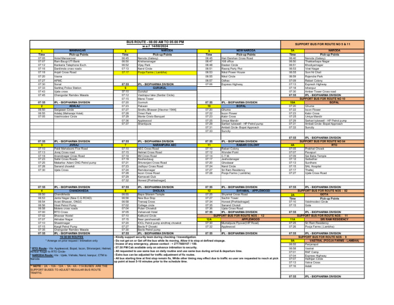 Bus Route Revised - General Shift - Wef 14.08.2024 | PDF | Land Transport | Motor Vehicle