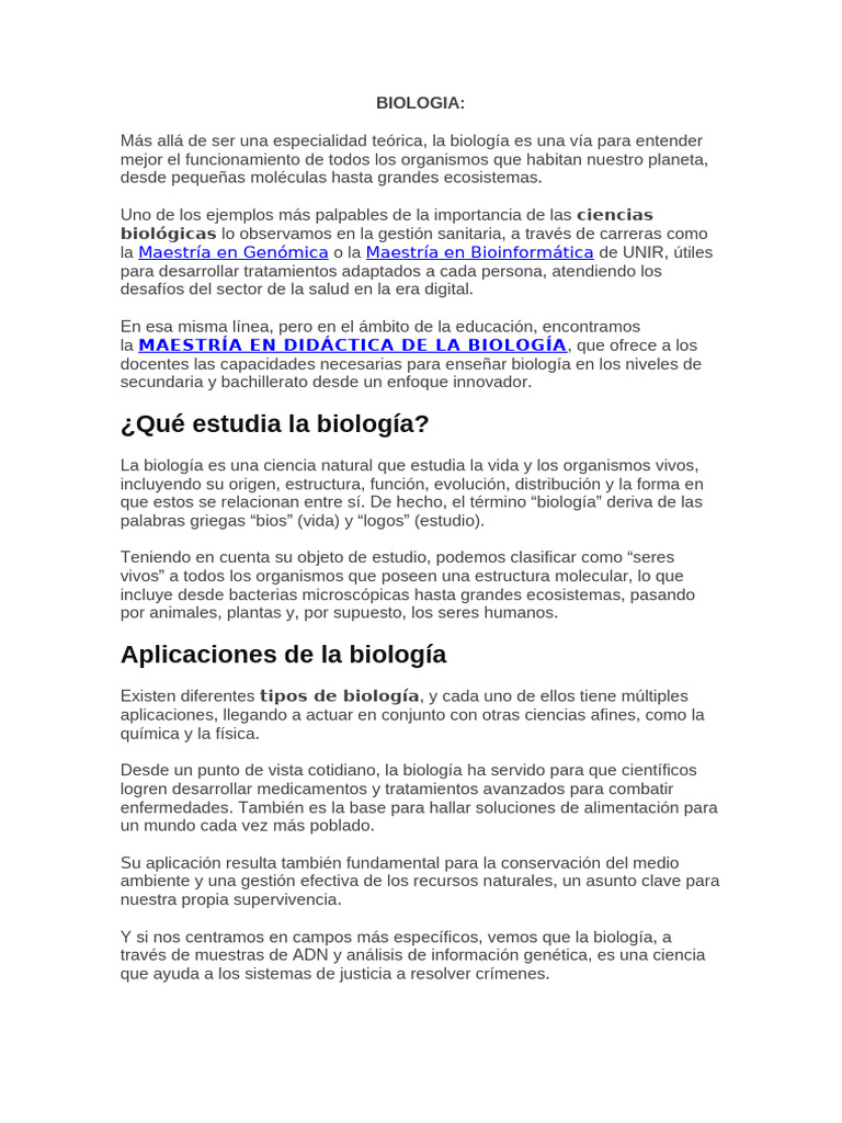 Ramas y aplicaciones de la biología | PDF | Biología | Vida