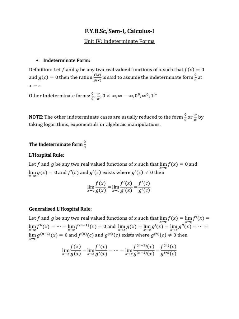F.Y.B.Sc, Sem-I, Calculus-I: Unit IV: Indeterminate Forms | PDF ...
