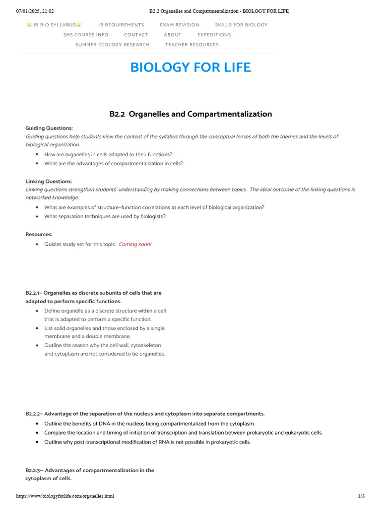 B2.2 Organelles and Compartmentalization - BIOLOGY FOR LIFE | PDF ...