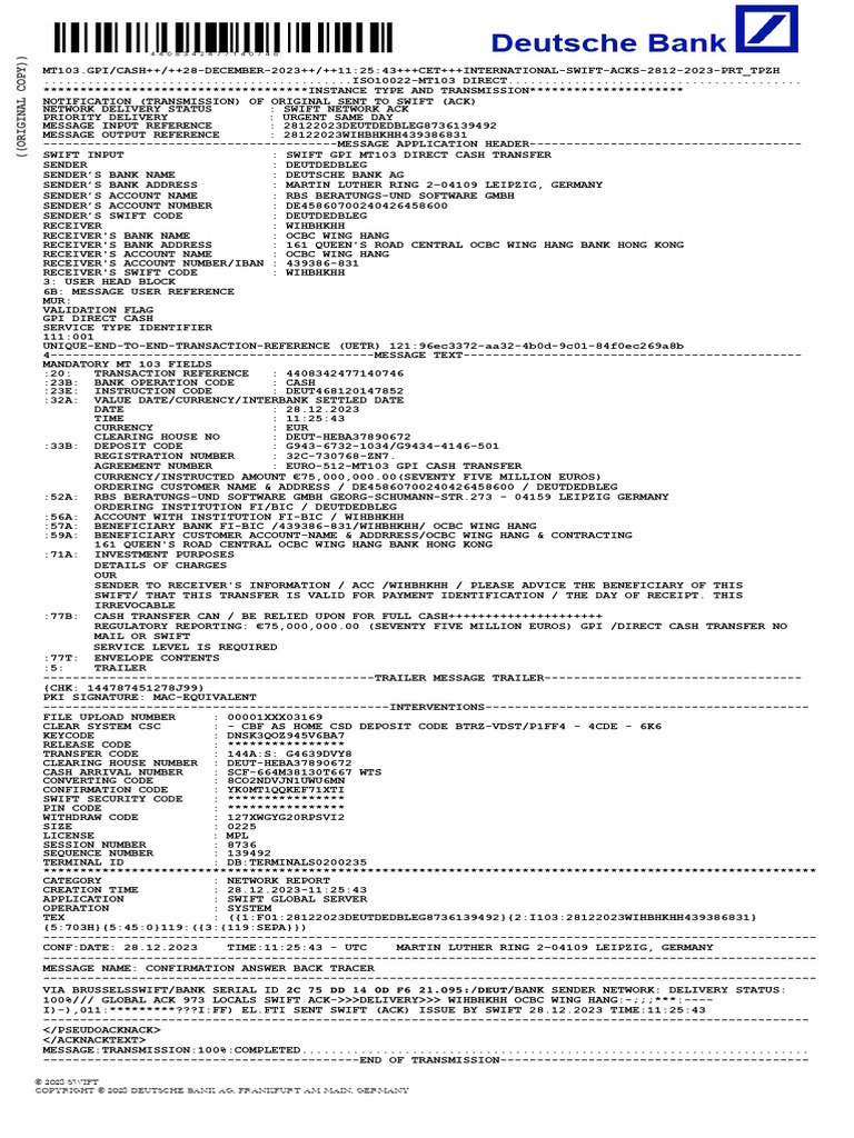 Swift Gpi Mt103 Direct Cash Transfer 255 | PDF | Transmission Control ...