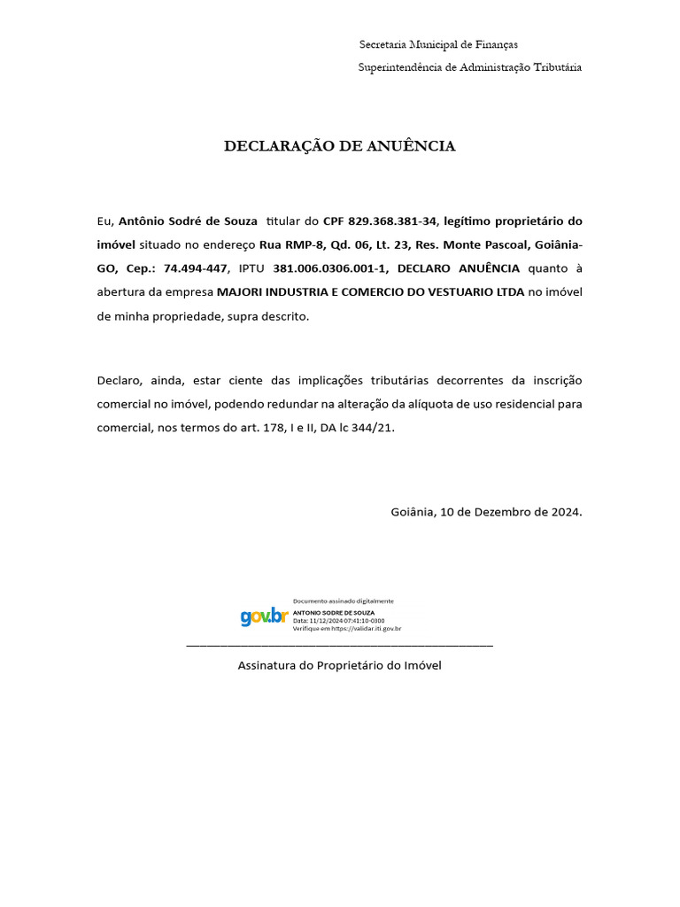 DECLARACAO DE ANUENCIA - Prefeitura de Goiania 5B1 5D Assinado | PDF
