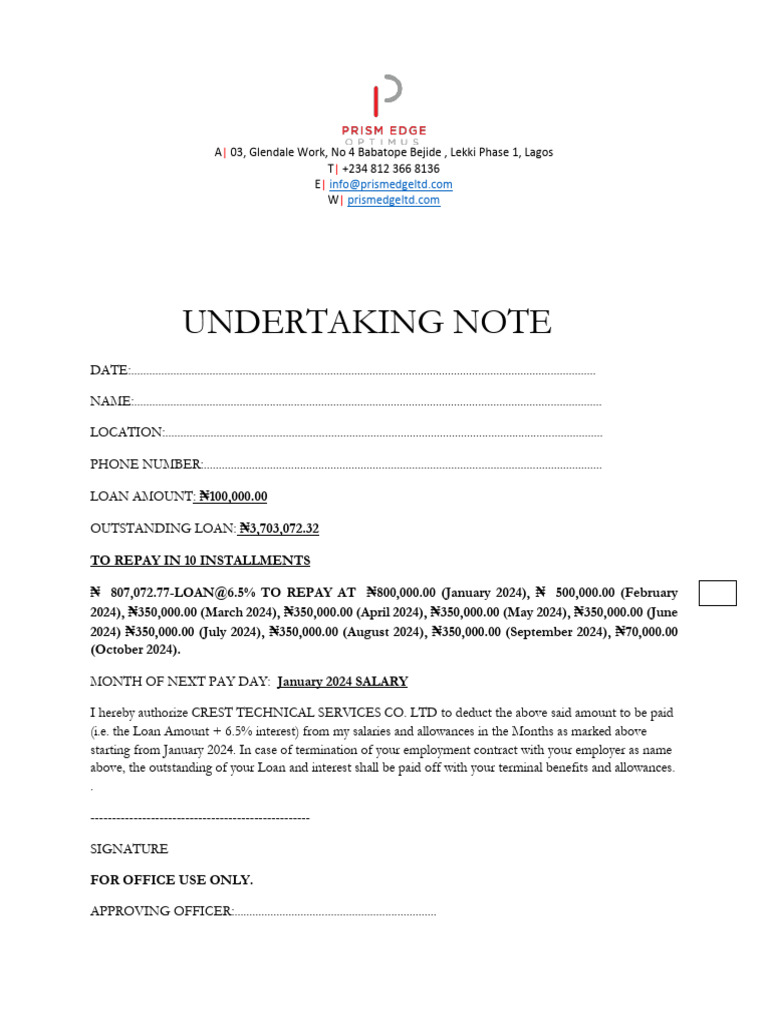 Prism Edge UNDERTAKING NOTE ( MR Pope Jan 2024 - NGN1000 000.00) | PDF ...