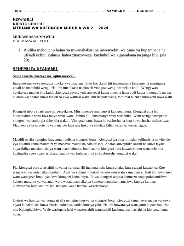 Kiswahili f2 Qs(1) | PDF