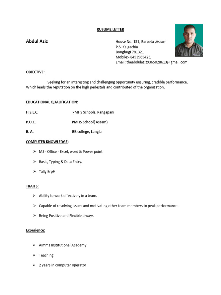 Rusume Letter a Aziz | PDF