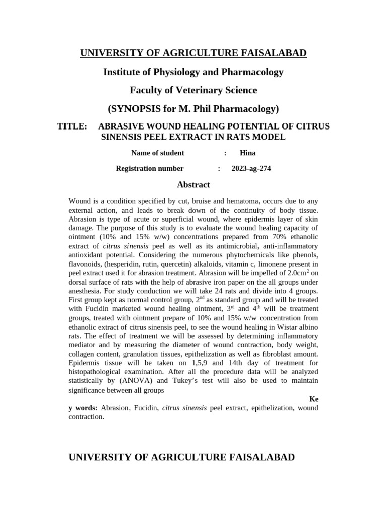 Hina Synopsis For Mphil Pharmacology Final | PDF | Wound Healing | Healing