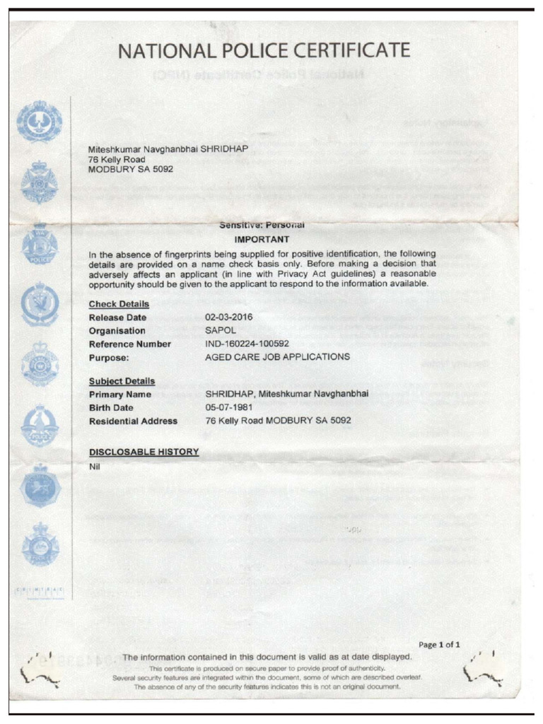 Mithesh Police Clearance Certificate | PDF