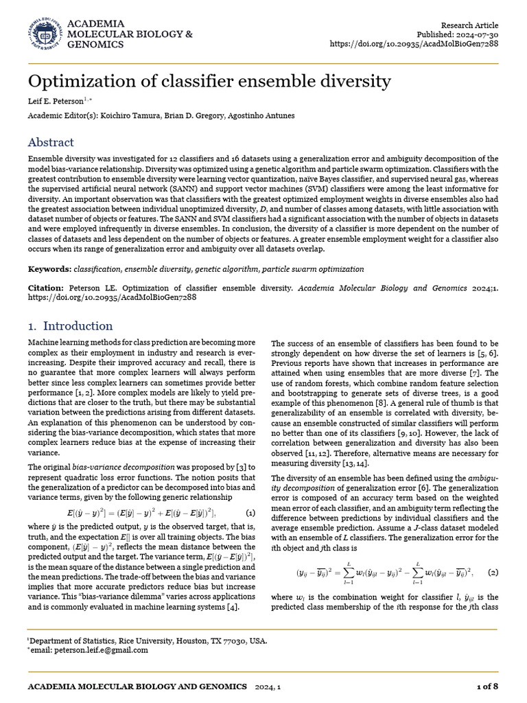 Optimization Of Classifier Ensemble Dive Pdf Support Vector Machine