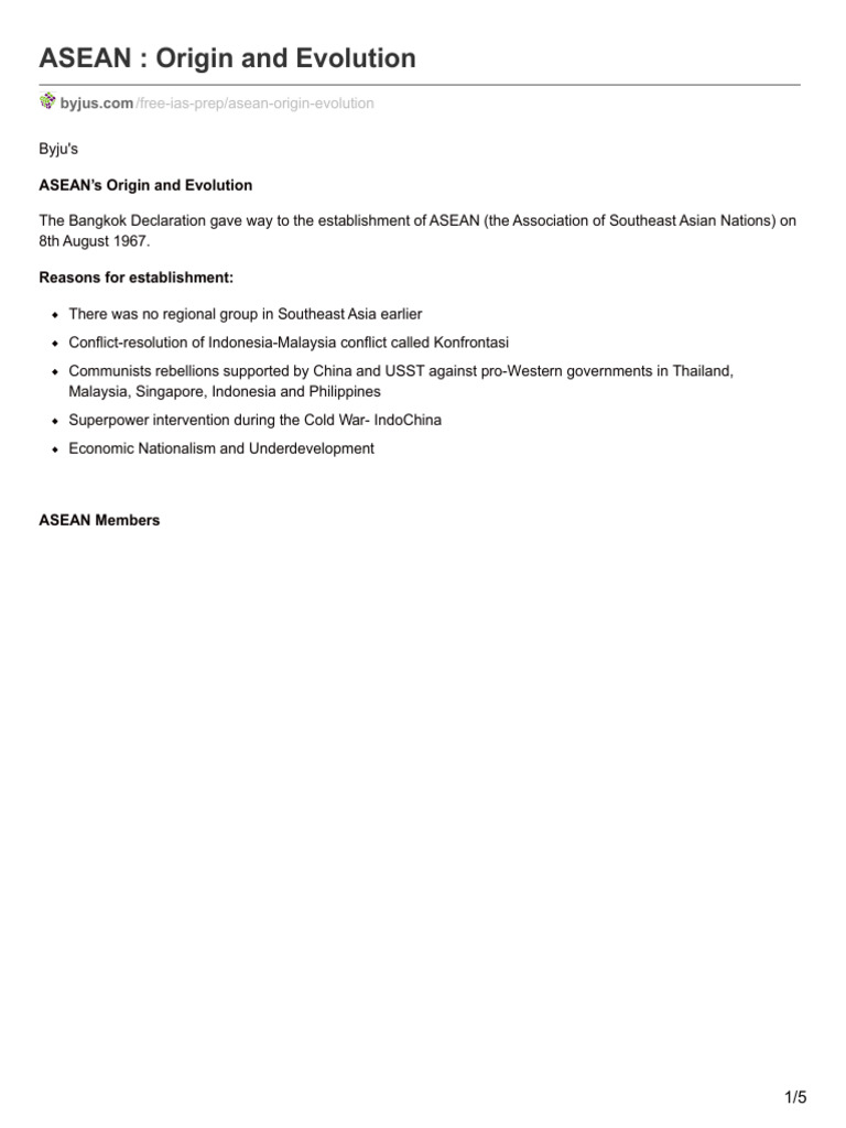 ASEAN Origin N Evolution | PDF | Southeast Asia | International Relations