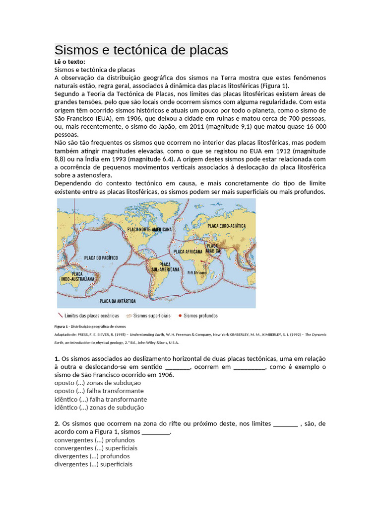 Ficha de Trabalho EV - Sismos e tectónica de placas | PDF | Terremotos | Placas tectônicas