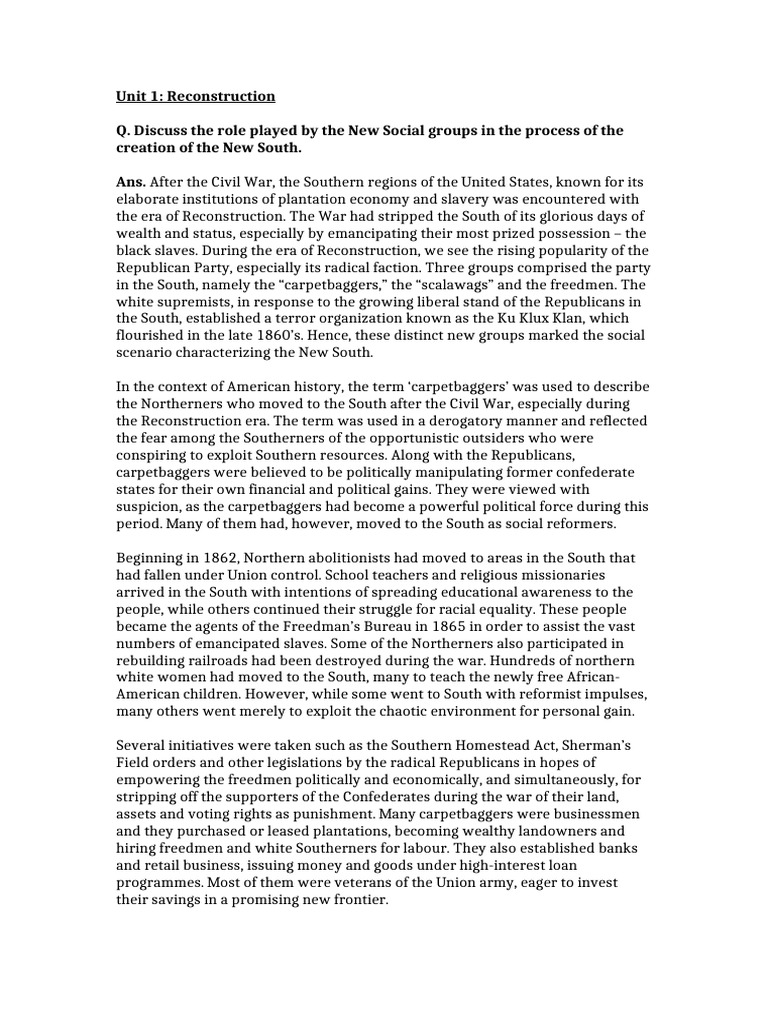 Reconstruction - New Social Groups | PDF | Reconstruction Era ...