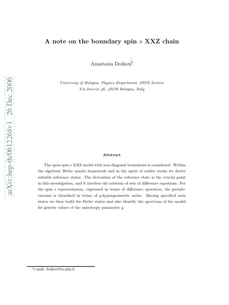 Anastasia Doikou - A Note On The Boundary Spin S XXZ Chain | PDF | Eigenvalues And Eigenvectors ...