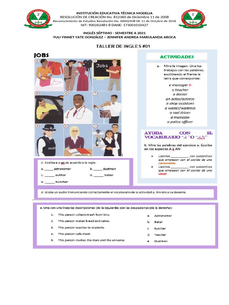 Taller de Ingles Sexto Grado | PDF | Verbo | Gramática