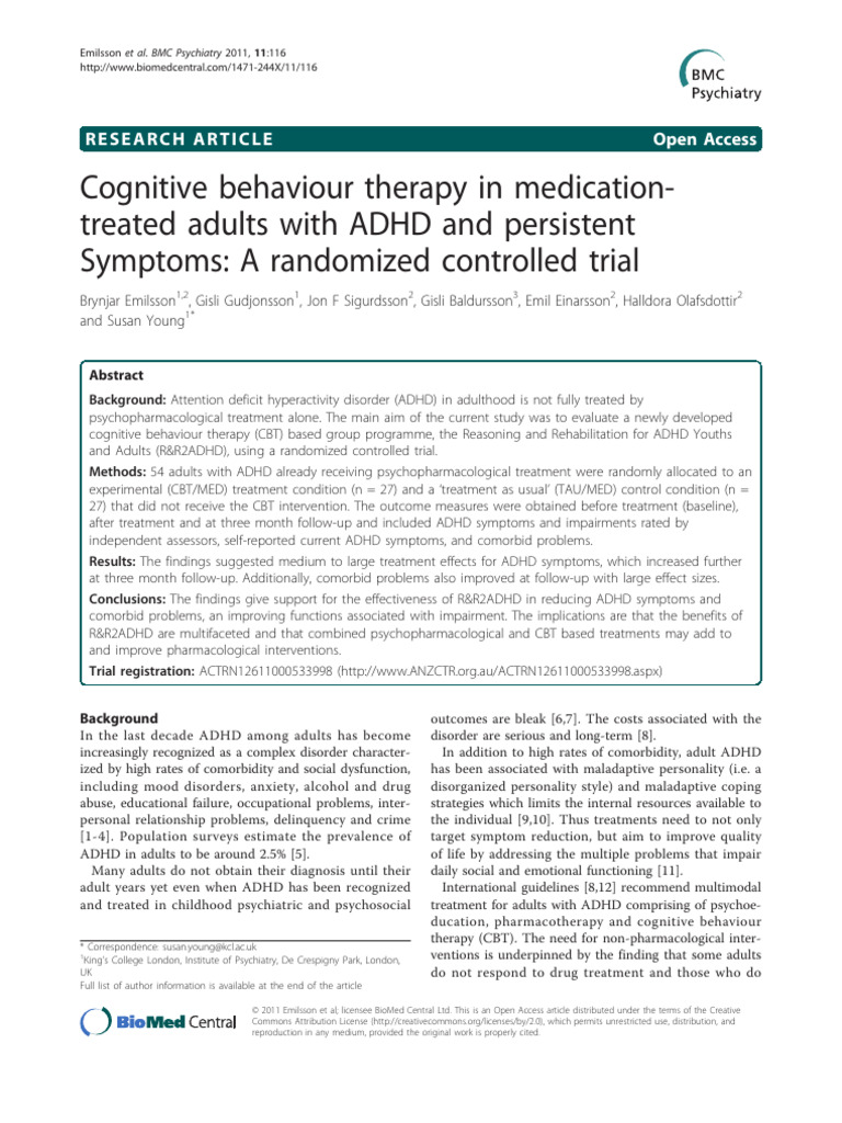 Cognitive Behaviour Therapy in Medicationtreated Adults With ADHD and Persistent | PDF ...