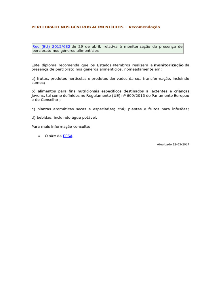 Perclorato Nos Generos Alimenticios – Recomendacao | PDF