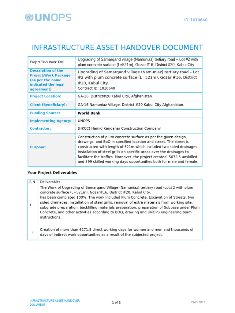 Infrastructure Asset Handover Document | PDF