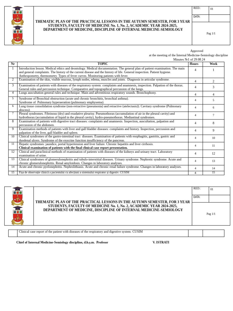 Plan Tematic Al Lectiilor Practice Mis. 2024 2025tmn (Engl) 0 | PDF | Respiratory Diseases | Lung