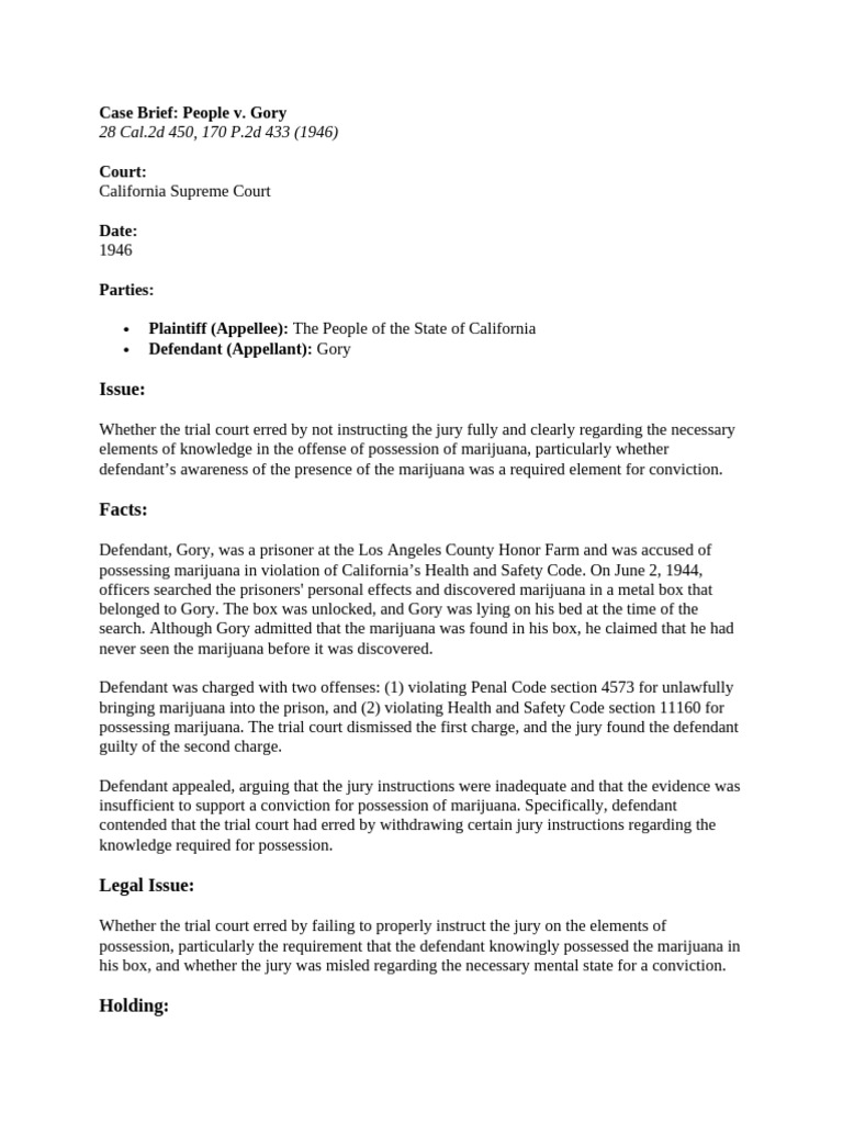11_Case Brief_ People v. Gory | PDF | Trials | Criminal Justice