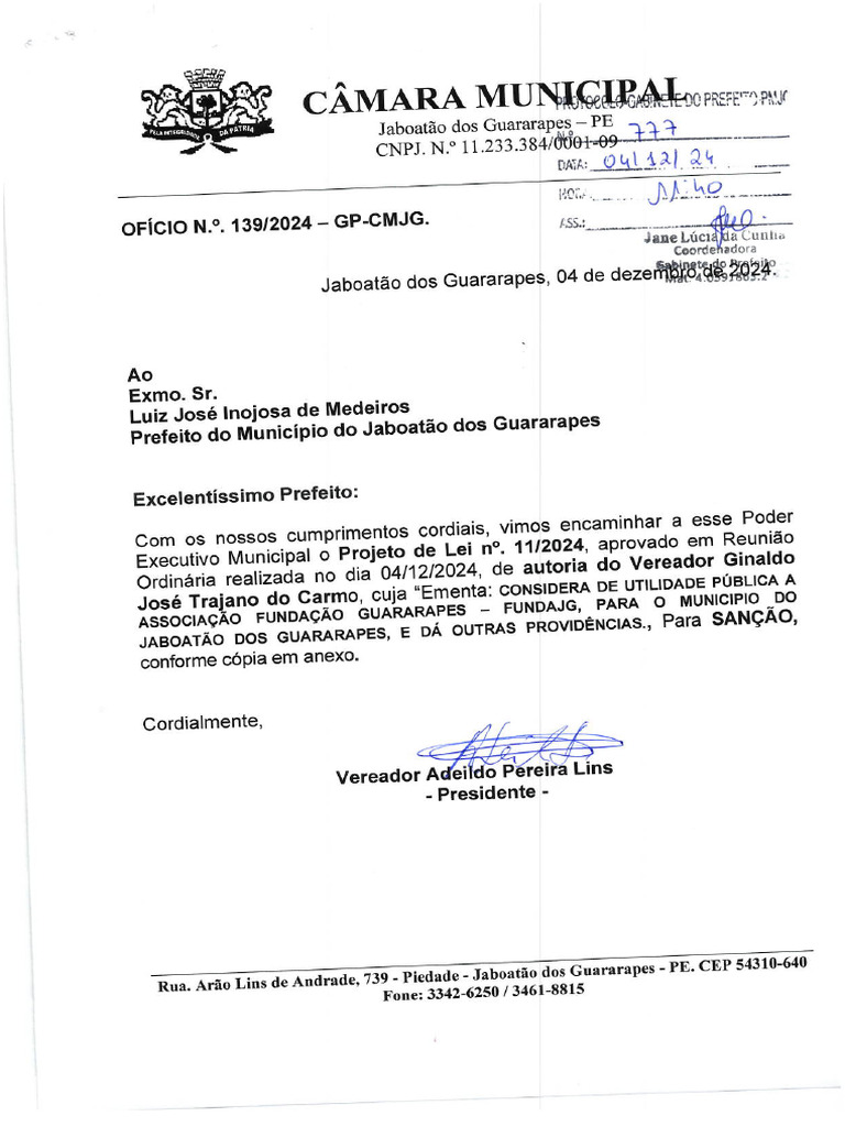 Oficio N. 139 24 Camara PL N. 11 Ver. Ginaldo | PDF