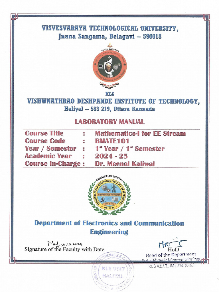 BMATE101 Mathematics Lab Manual MMK | PDF