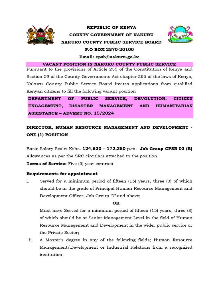 Detailed Advert For Director Human Resource Management and Development ...