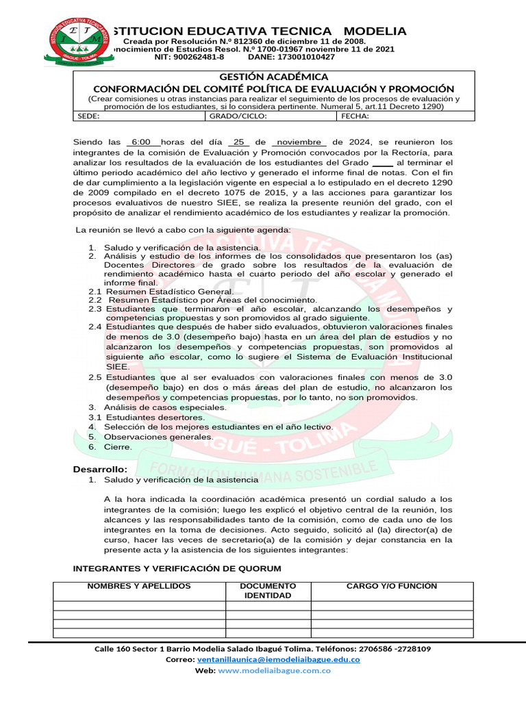 Formato Acta Comisiones Finales 2024 | PDF | Evaluación