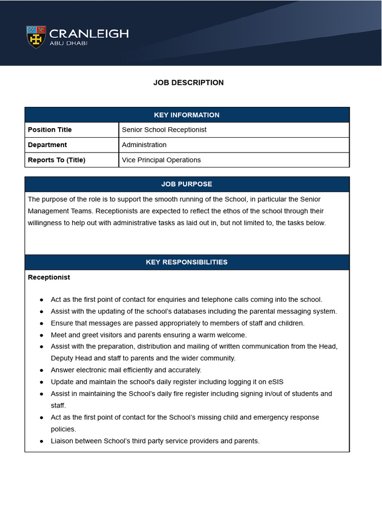 Senior School Receptionist | PDF