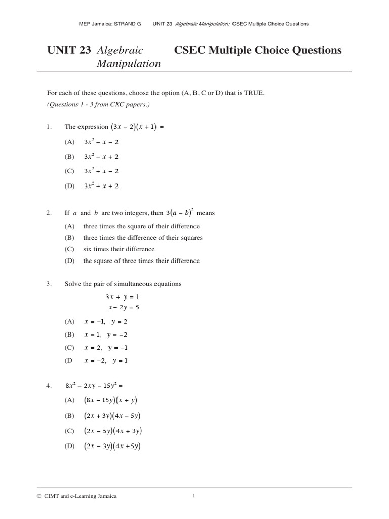Csecmultiplechoice - Algebraic Manipulation | PDF | Algebra | Mathematics