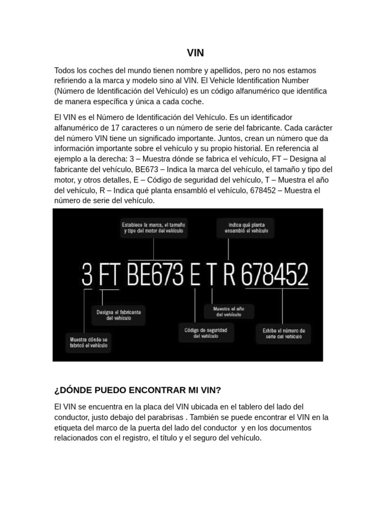 ¿Dónde encontrar el VIN de un vehículo? | PDF