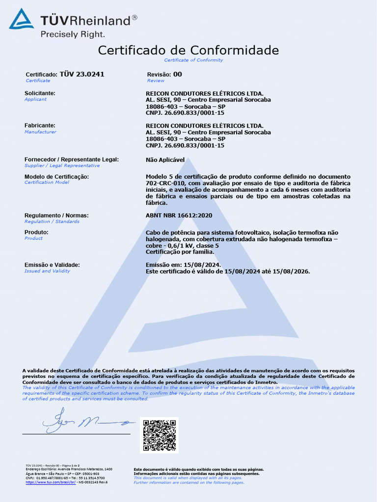 Tuv Reicon Certificado de Conformidade Rev. 00 (Signed) | PDF