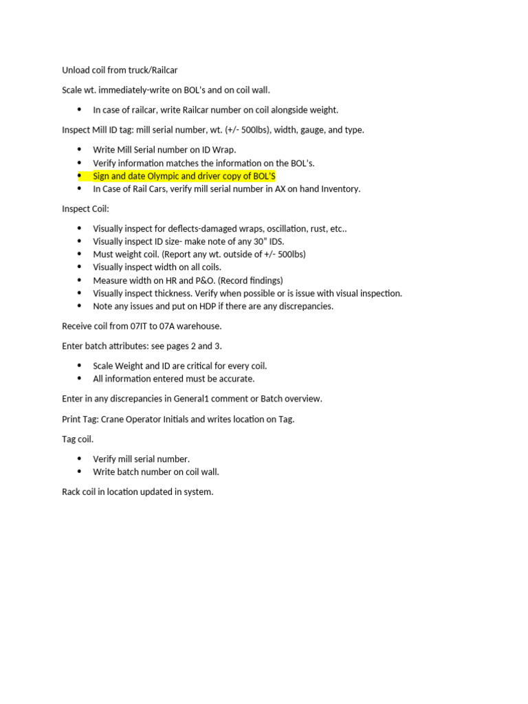 Coil Recieving Work Instructions - WIP | PDF