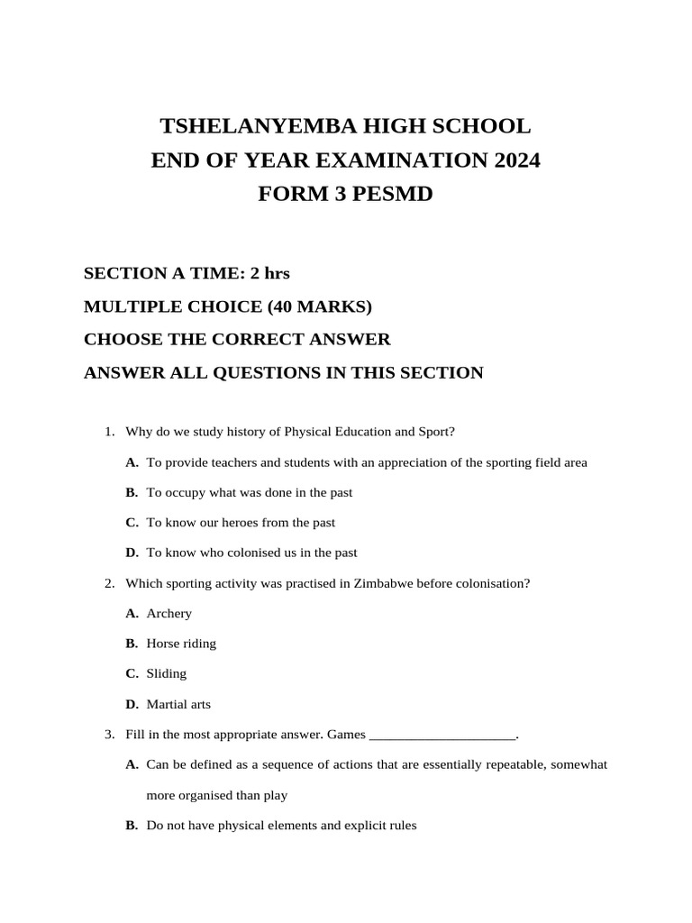 End of Year Exams Form 3 Pesmd 2024 | PDF | Respiratory System | Blood