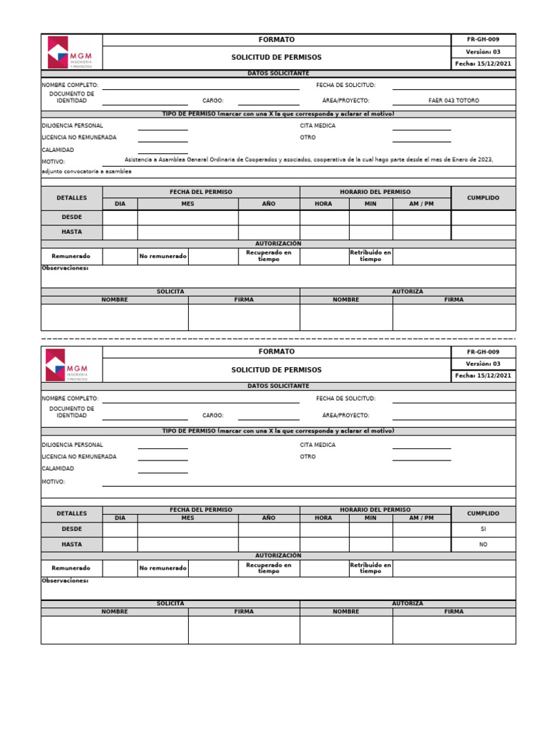 FR-GH-009 SOLICITUD DE PERMISOS V3_Julian Narvaez | PDF