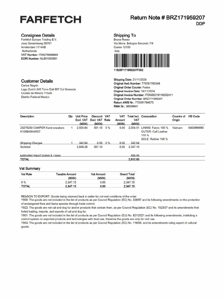 Return Note #BRZ171959207 | PDF