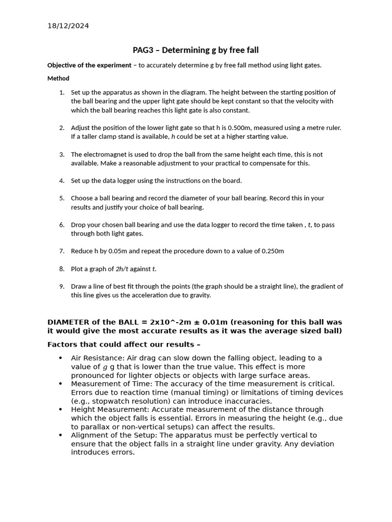 PAG3 - Determining G Using Free Fall Method | PDF | Accuracy And ...