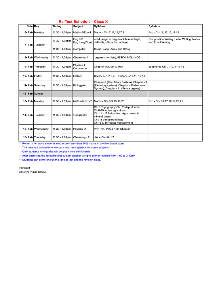 Class 10 Revised Retest Schedule | Pdf